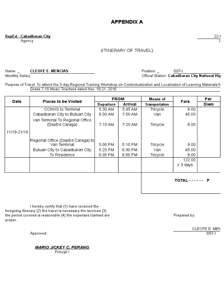 Appendix A: (Itinerary of Travel) | PDF | Vehicles For Hire | Motor Vehicle