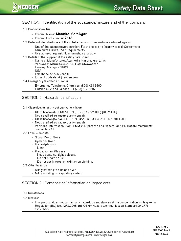 Manitol Salt Agar | PDF | Dangerous Goods | Safety