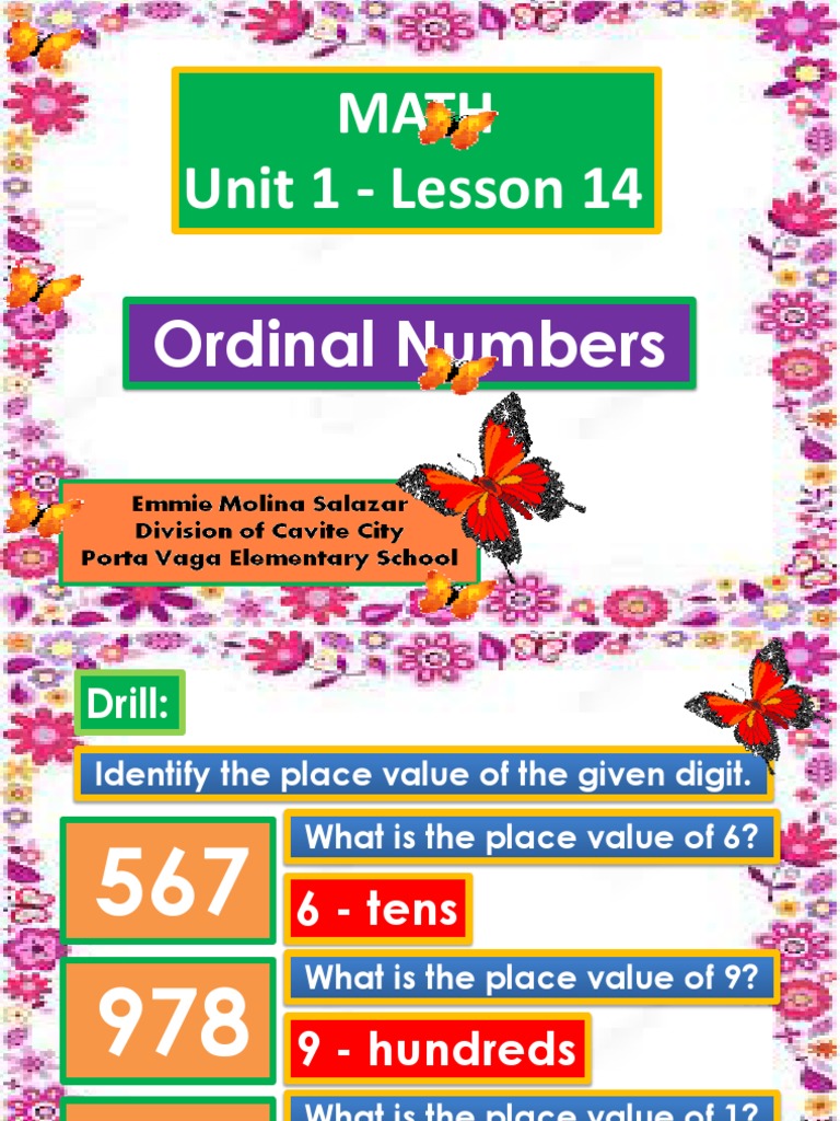 Powerpoint in Mathematics Unit 1 - Lesson 14 Ordinal Numbers | PDF