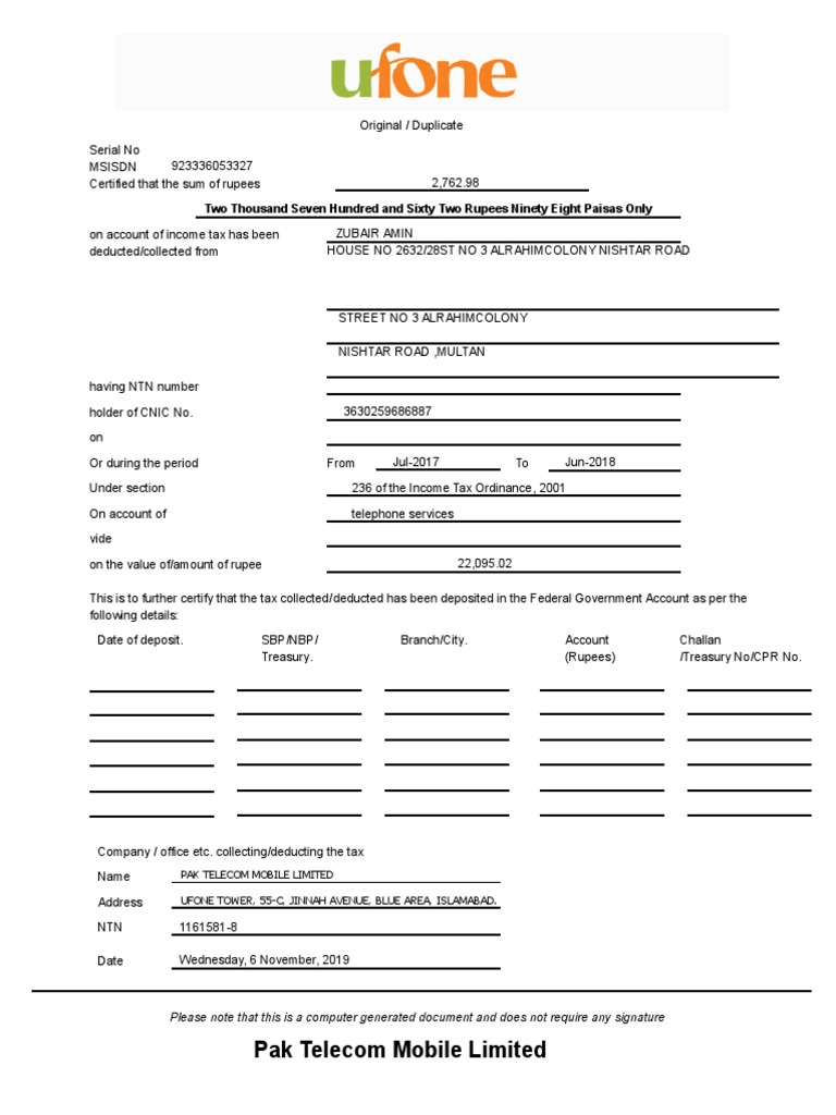 Tax Deduction Certificate by Ufone | PDF