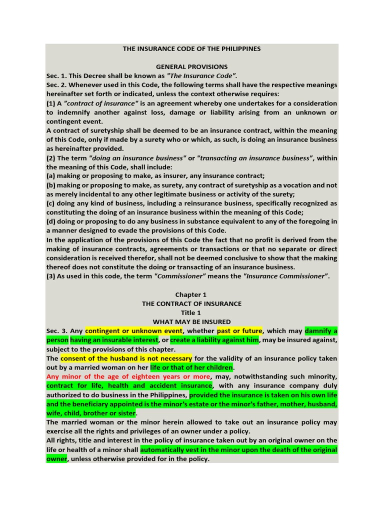 The Insurance Code of The Philippines | PDF | Insurance | Assignment (Law)