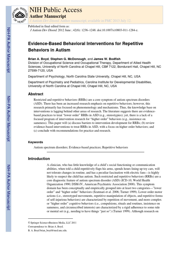 Evidence-Based Behavioral Interventions For Repetitive Behaviors in ...