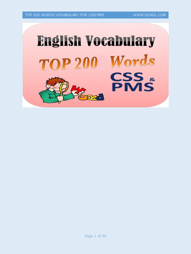 Top 200 Words Vocabulary For CSS PMS