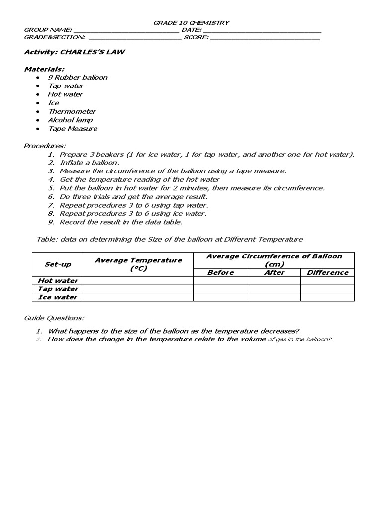Activity 3 Charles's Law Part 1 | PDF