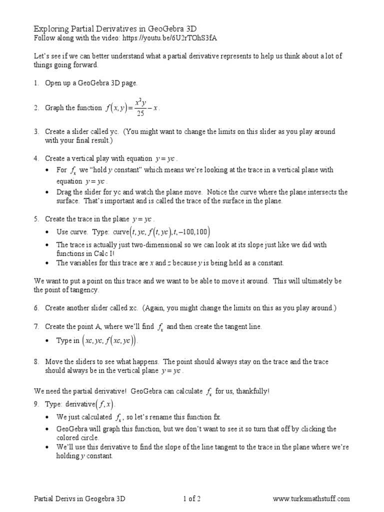 Exploring Partial Derivatives In Geogebra 3d Pdf Pdf Tangent