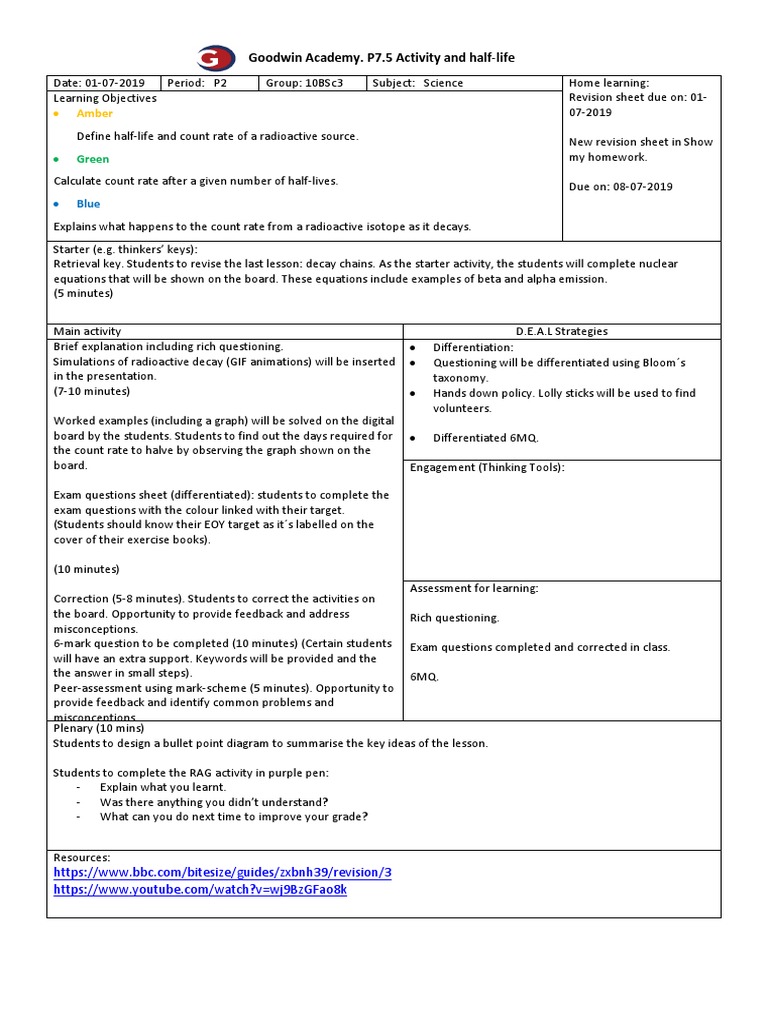 Radioactive Decay & Half-Life Lesson | PDF | Radioactive Decay | Radiation