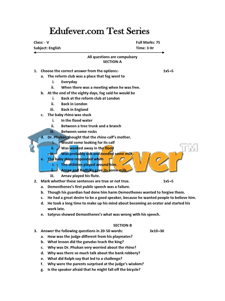 CBSE Class 5 English Sample Paper PDF | PDF