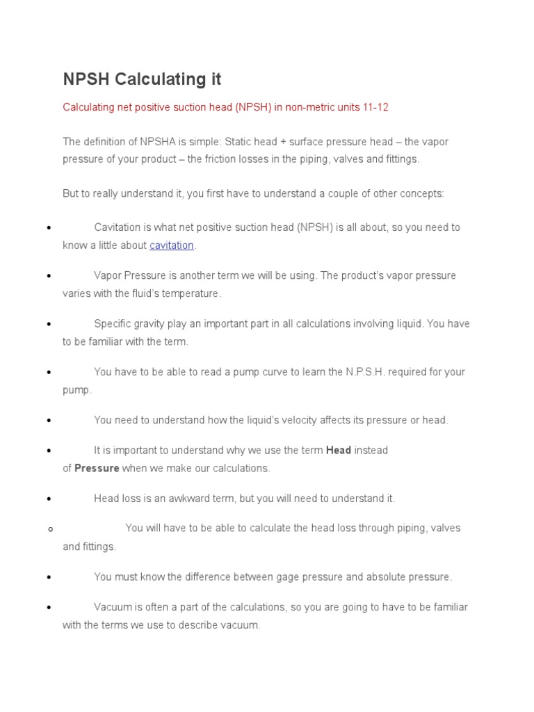 NPSH Calculation | PDF | Pressure | Pump