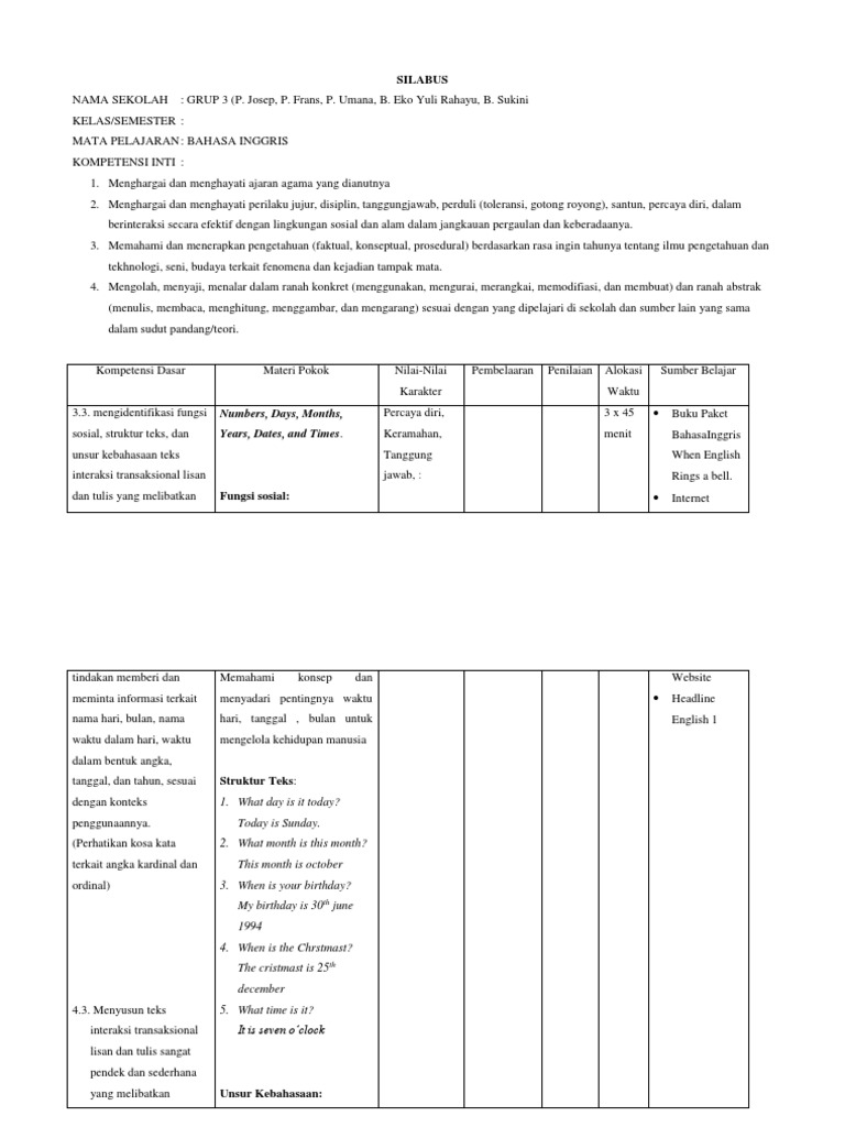 Silabus: Numbers, Days, Months, Years, Dates, and Times | PDF