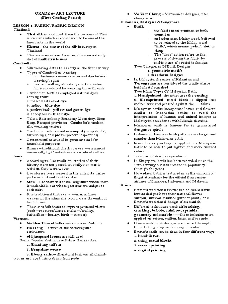 HANDOUT Grade 8 Arts First Quarter | PDF | Sculpture | Textiles