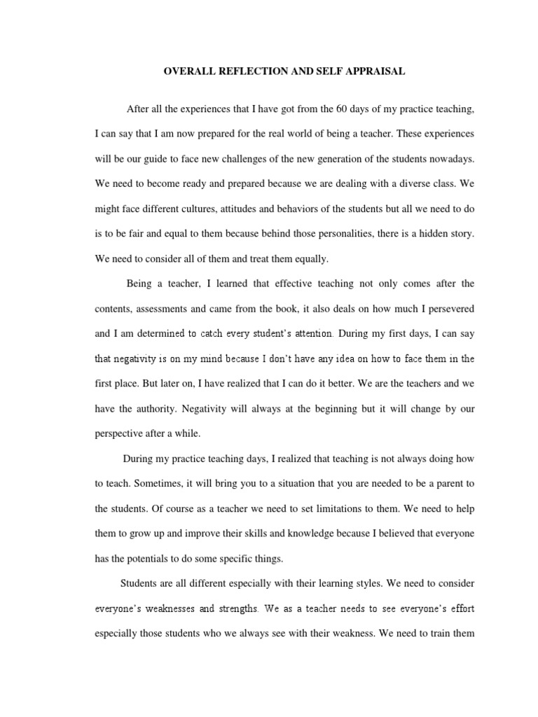 16 Overall Reflection and Self Appraisal | Teachers | Learning