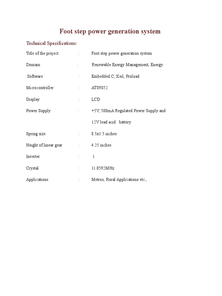 Foot Step Power Generation System: Technical Specifications | PDF ...