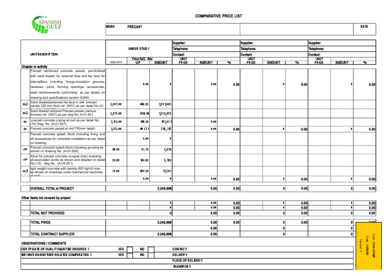Comparative Price List: Amounts | PDF | Precast Concrete | Concrete
