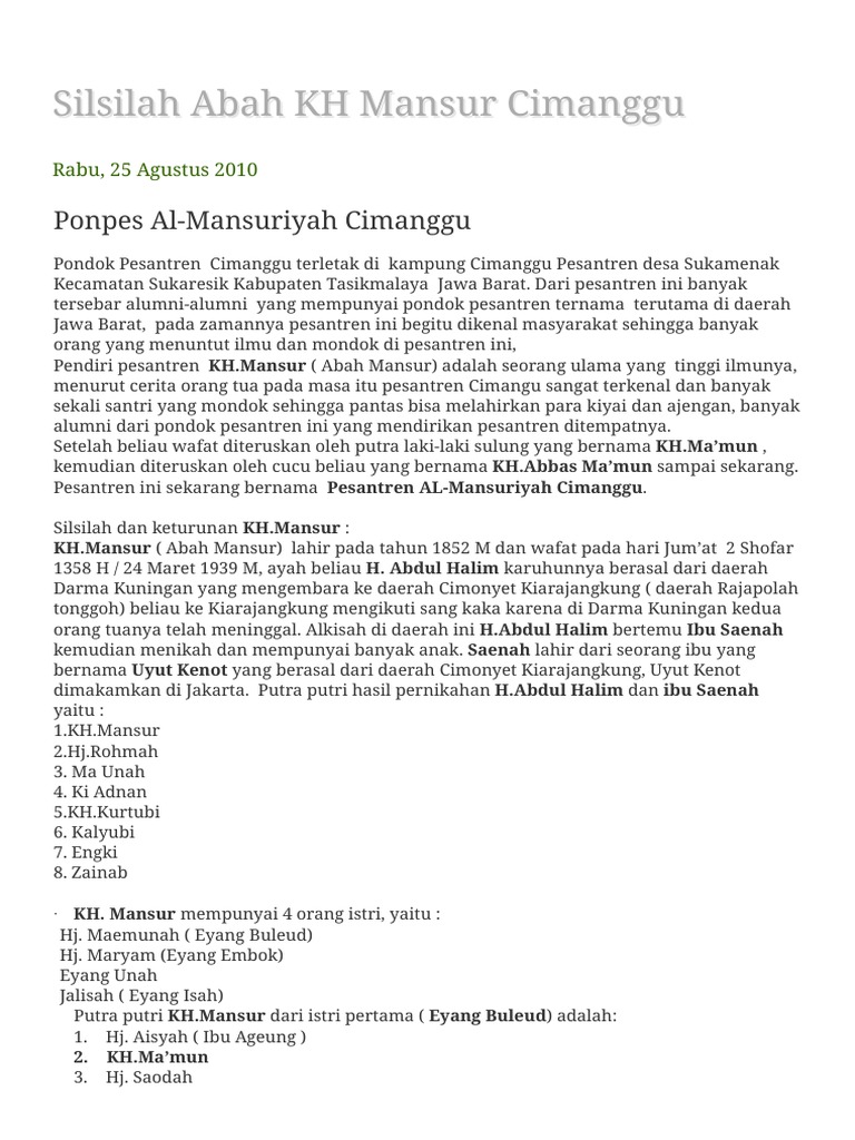 Silsilah Abah KH Mansur Cimanggu - Ponpes Al-Mansuriyah Cimanggu PDF | PDF