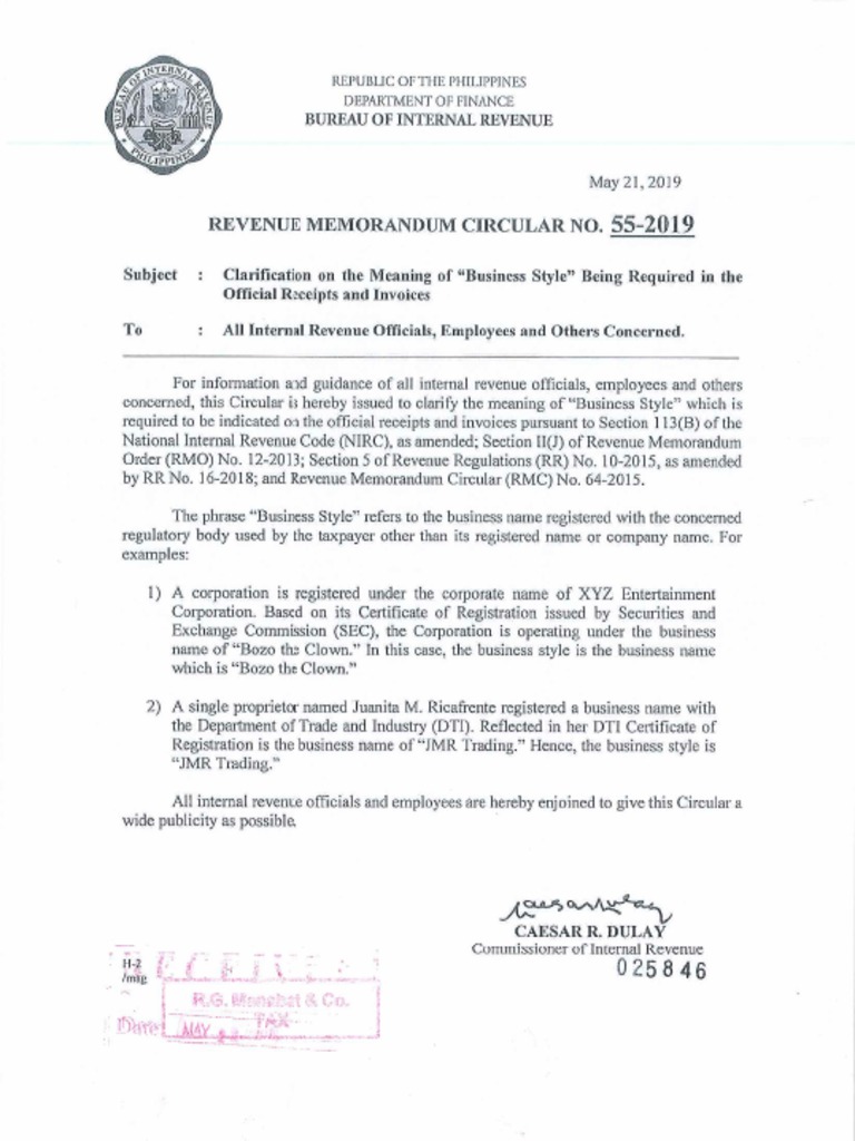 RMC 55-2019 Clarification On The Meaning of Business Style Being ...