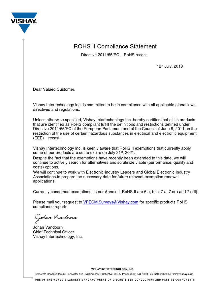 ROHS II Compliance Statement: Vishay Intertechnology, Inc | PDF