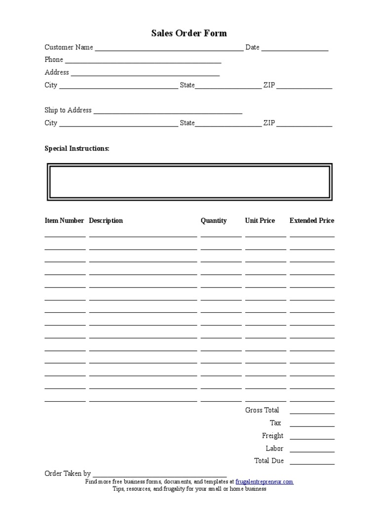 Sales Order Form: Special Instructions | PDF