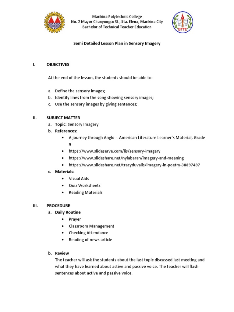 Semi Detailed Lesson Plan in Sensory Imagery | PDF | Senses | Lesson Plan Semi Detailed Lesson Plan in Sensory Imagery | PDF | Senses | Lesson Plan