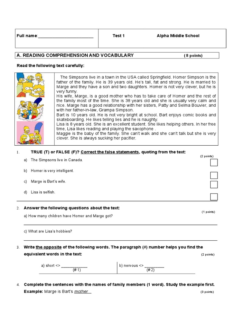 The Simpsons family reading comprehension test | PDF | 20th Century Fox ...