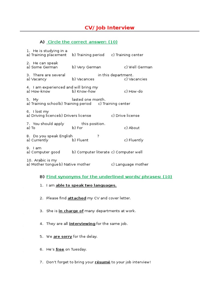 CV/ Job Interview: Circle The Correct Answer | PDF | Résumé | Driver's ...