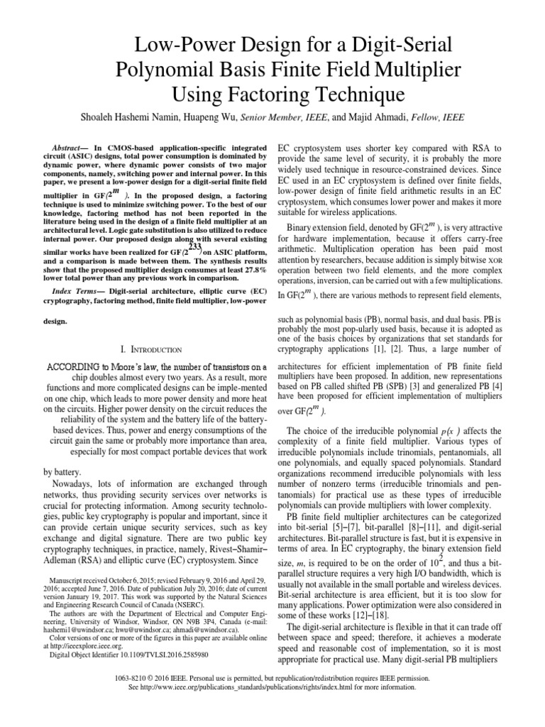 Low-Power Design For A Digit-Serial Polynomial Basis Finite Field Multiplier Using Factoring ...