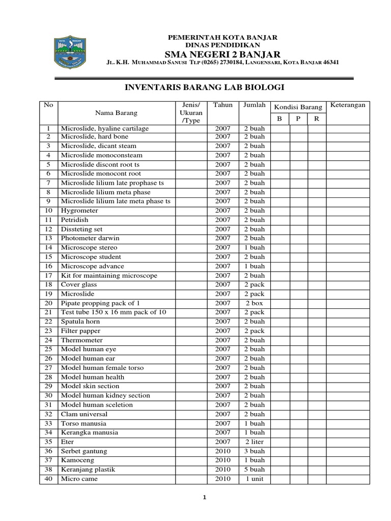 Daftar Inventaris Barang Lab Biologi | PDF