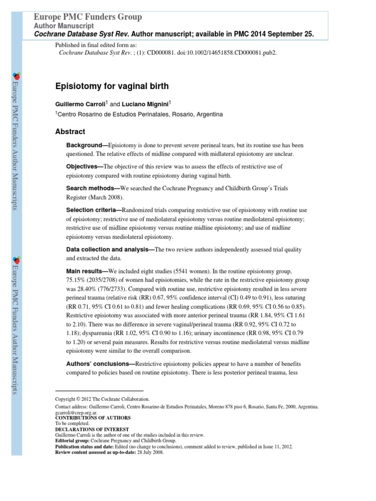 Episiotomy For Vaginal Birth: Europe PMC Funders Group | PDF ...