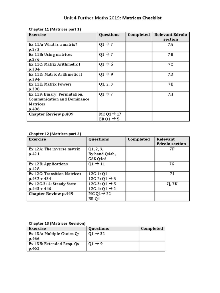 Unit 4 Further Maths 2019: Matrices Checklist | PDF