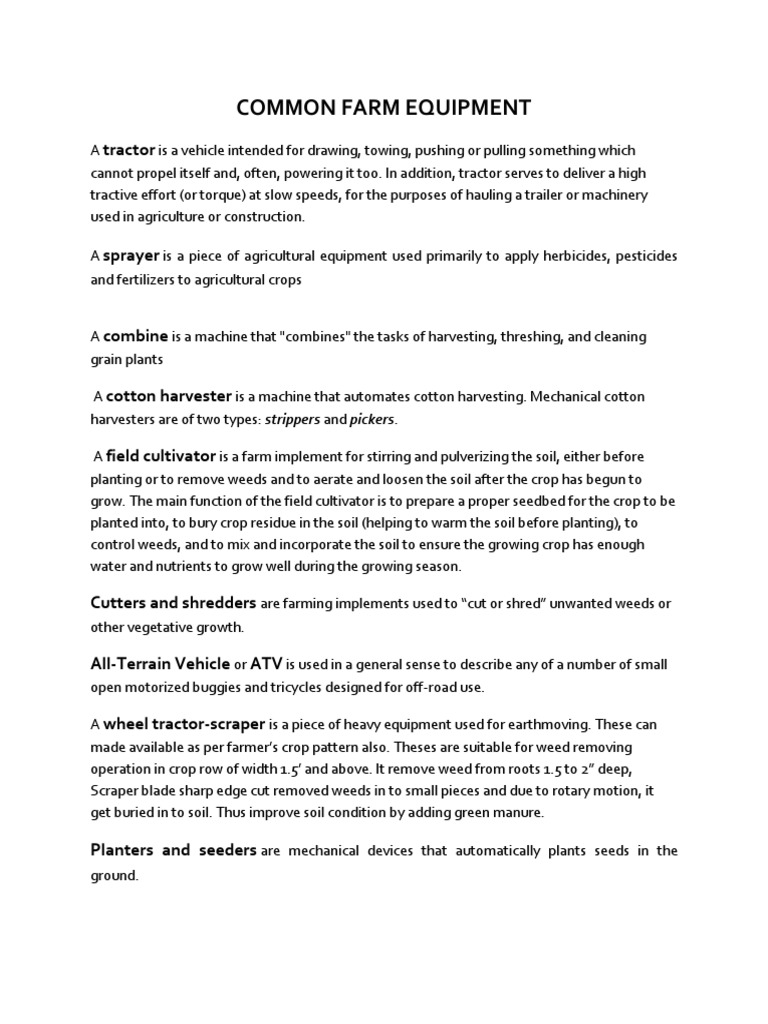 Common Farm Equipment | PDF | Loader (Equipment) | Agricultural Machinery