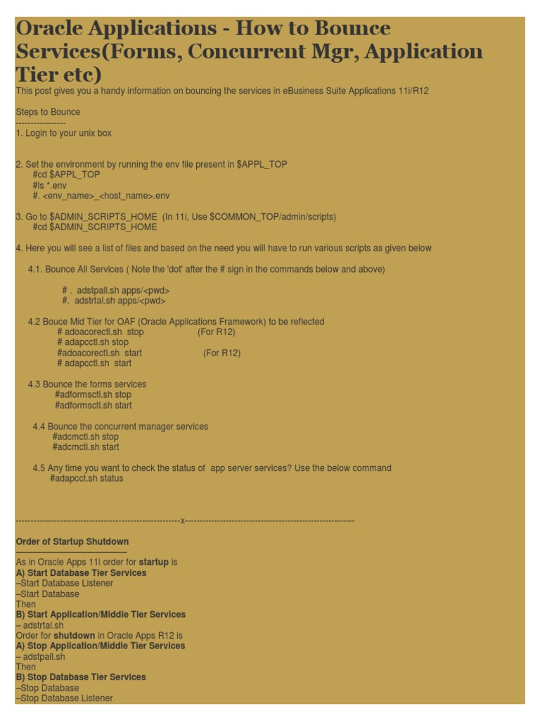 How To Bounce Services (Forms, Concurrent MGR, Application Tier Etc) - Oracle Applications | PDF ...