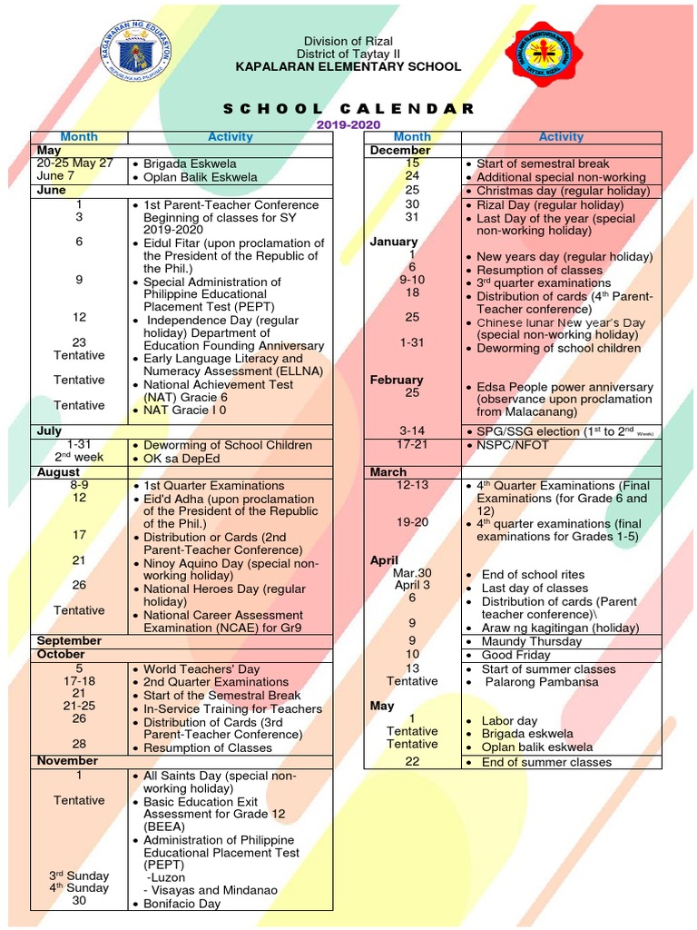 Kapalaran Elementary School 2019-2020 School Calendar | PDF | Holidays ...