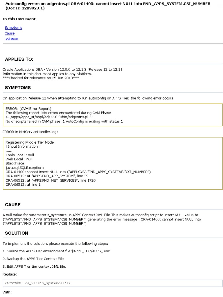 Autoconfig Errors On Adgentns - PL ORA-01400 Cannot Insert NULL Into FND - APPS - SYSTEM - Csi ...