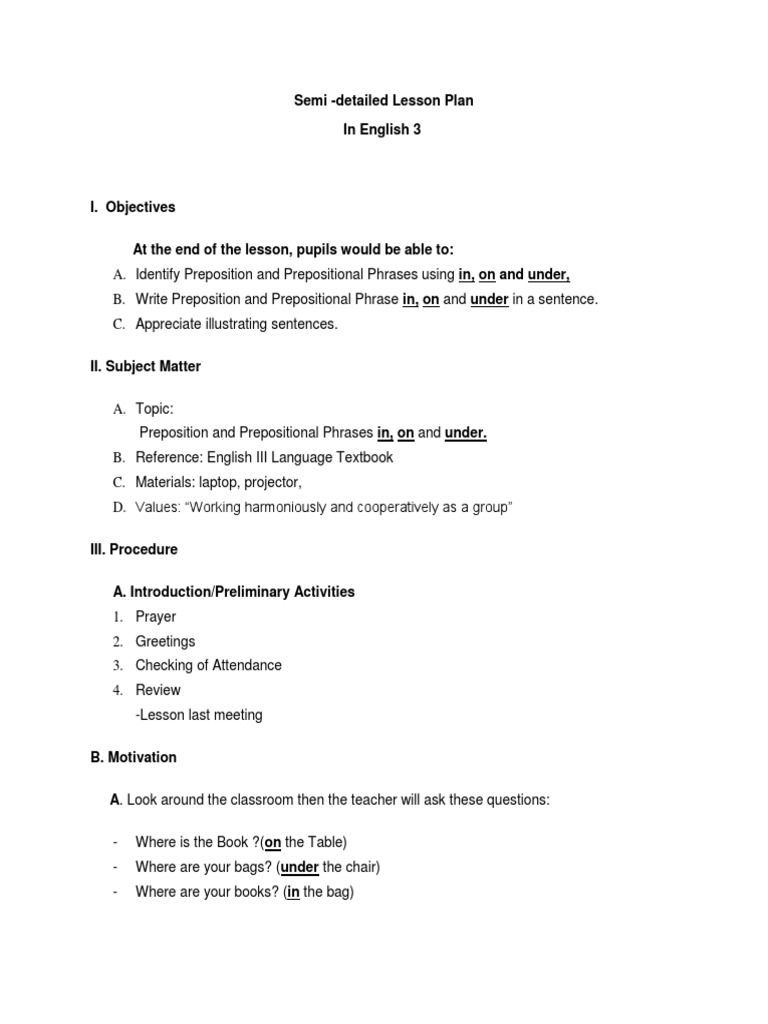 Lesson Plan Diaz | PDF | Preposition And Postposition | Phrase