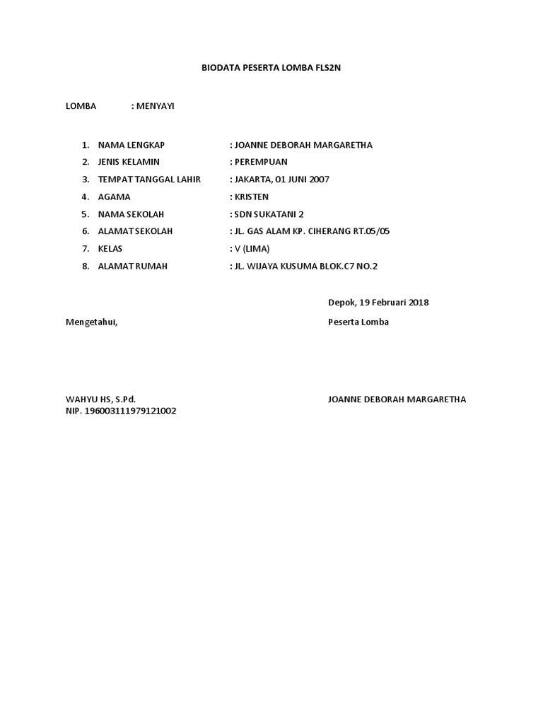 Biodata Peserta Lomba FLS2N | PDF