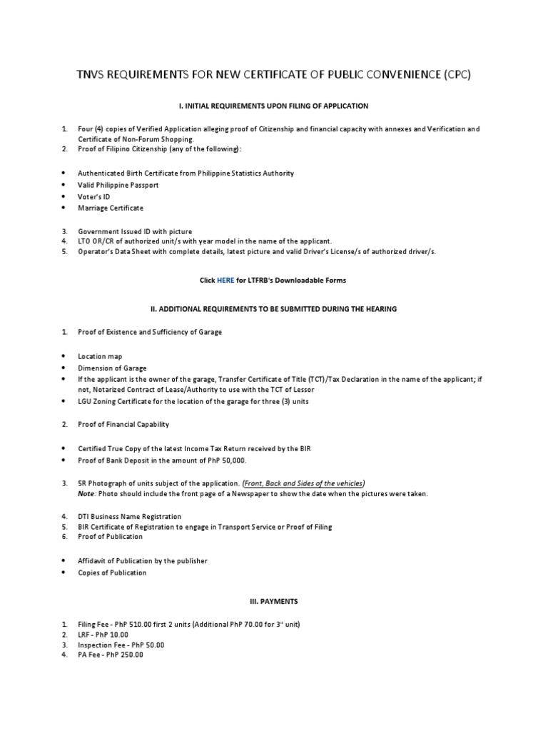 Tnvs Requirements For New Certificate of Public Convenience (CPC) | PDF