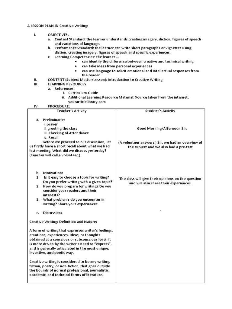 A Lesson Plan in Creaw | Download Free PDF | Creative Writing | Lesson Plan