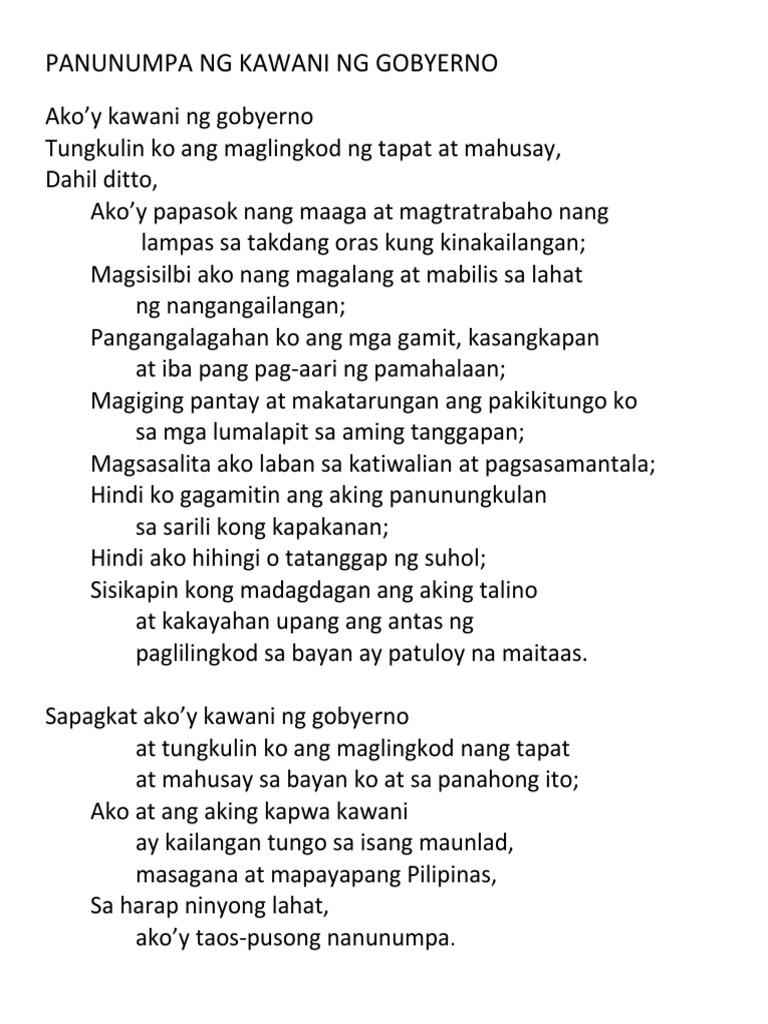 Panunumpa NG Kawani NG Gobyerno | PDF Panunumpa NG Kawani NG Gobyerno | PDF