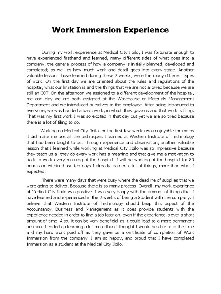 Work Immersion Experience | Download Free PDF | Behavioural Sciences ...