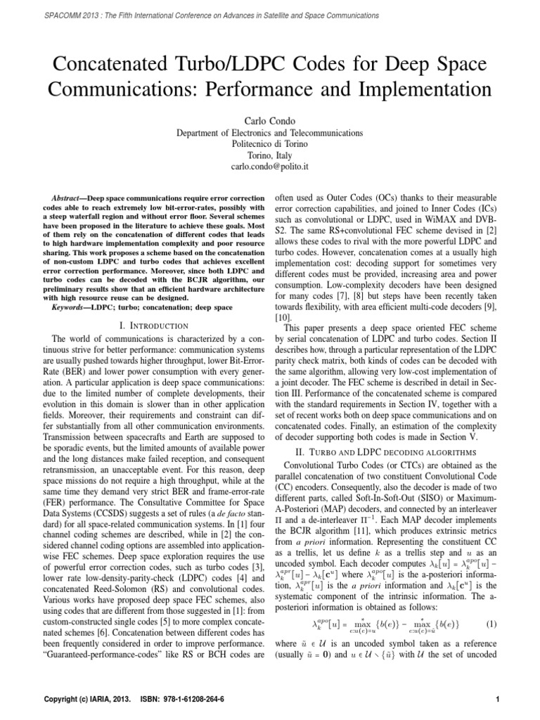 Concatenated Turbo Ldpc Codes For Deep Space Communications Performance And Implementation