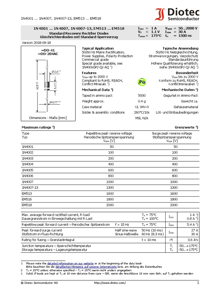 Diotec 1N4007 Datasheet | PDF