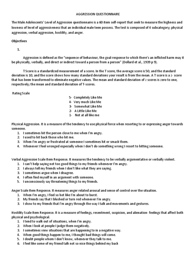 Male Adolescents' Aggression Questionnaire | PDF | Anger | Standard Score