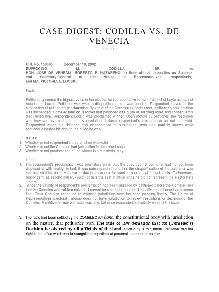 Codilla Vs de Venecia CASE DIGEST 2002 | PDF | Commission On Elections (Philippines) | Judgment ...