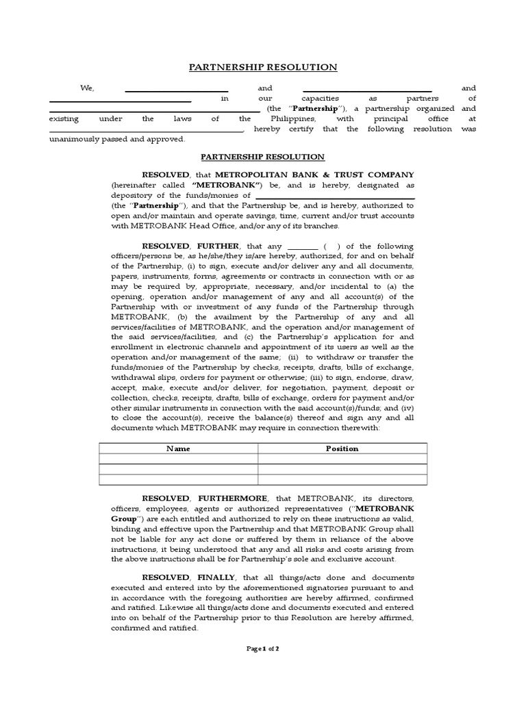 Partnership Resolution for Bank Account | PDF | Partnership ...