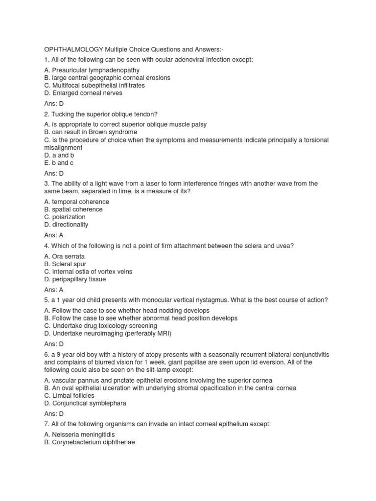 OPHTHALMOLOGY Multiple Choice Questions and Answers | PDF | Cataract ...