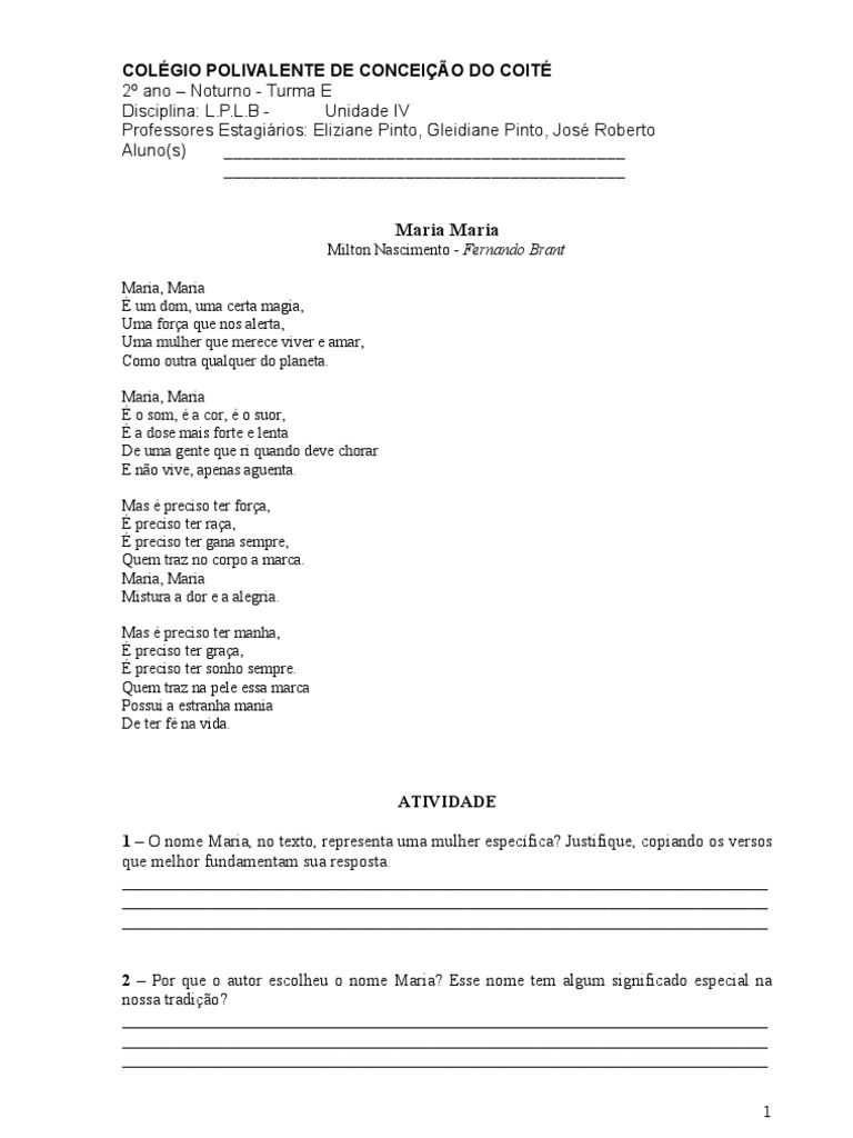 Atividade Maria Maria | PDF