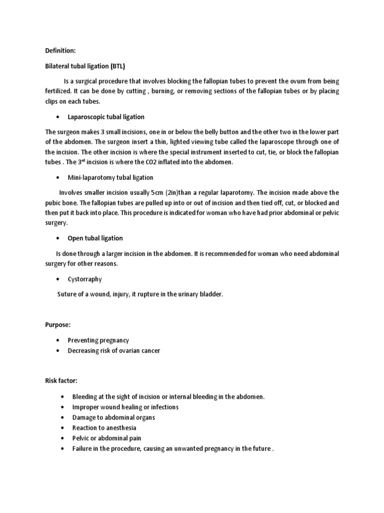 Definition: Bilateral Tubal Ligation (BTL) | PDF | Surgery | Anesthesia