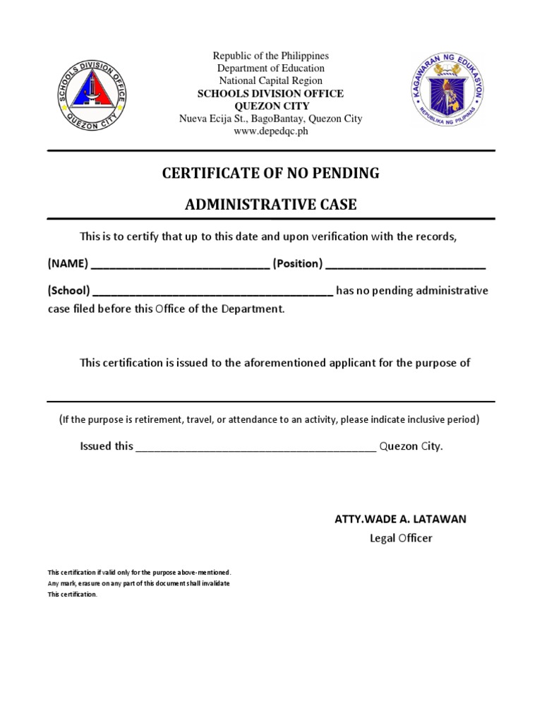 Certificate of No Pending Case DepEd | PDF