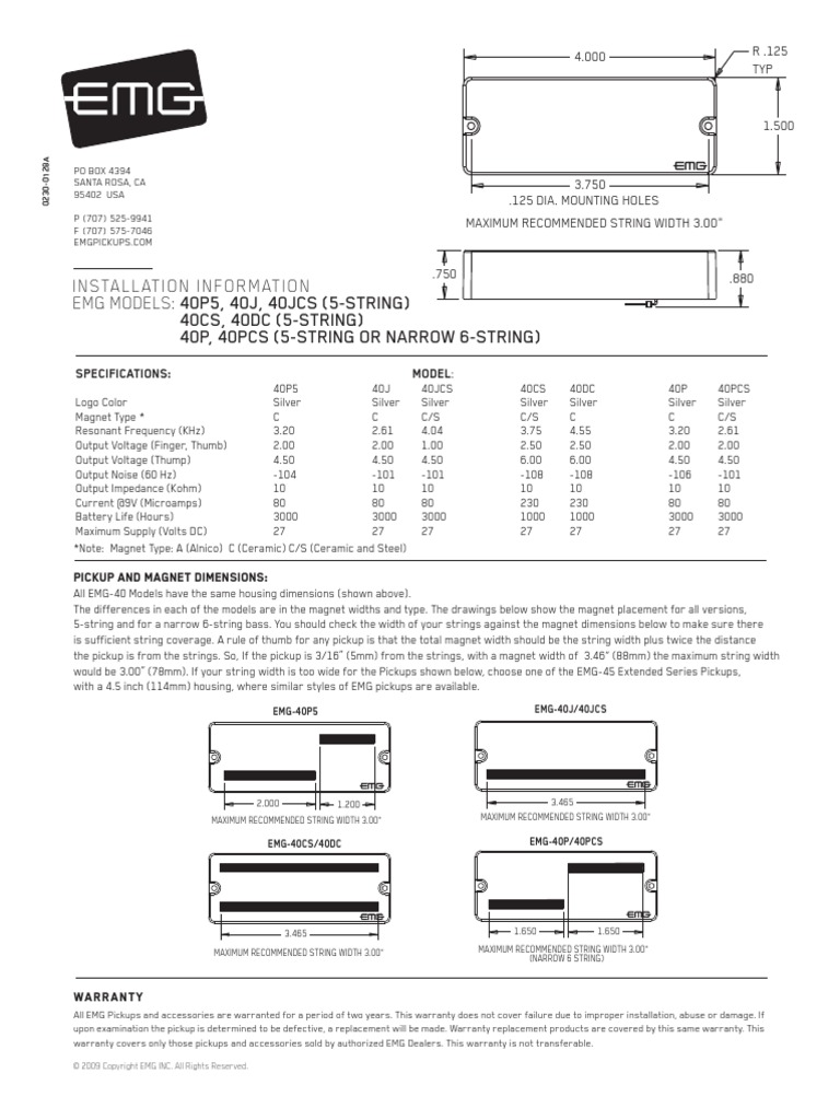 Installation Information Emg Models: 40P5, 40J, 40JCS (5-STRING) 40CS ...
