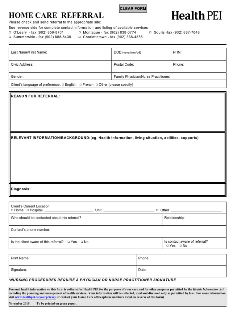 Home Care Referral: Clear Form | Download Free PDF | Health Sciences ...