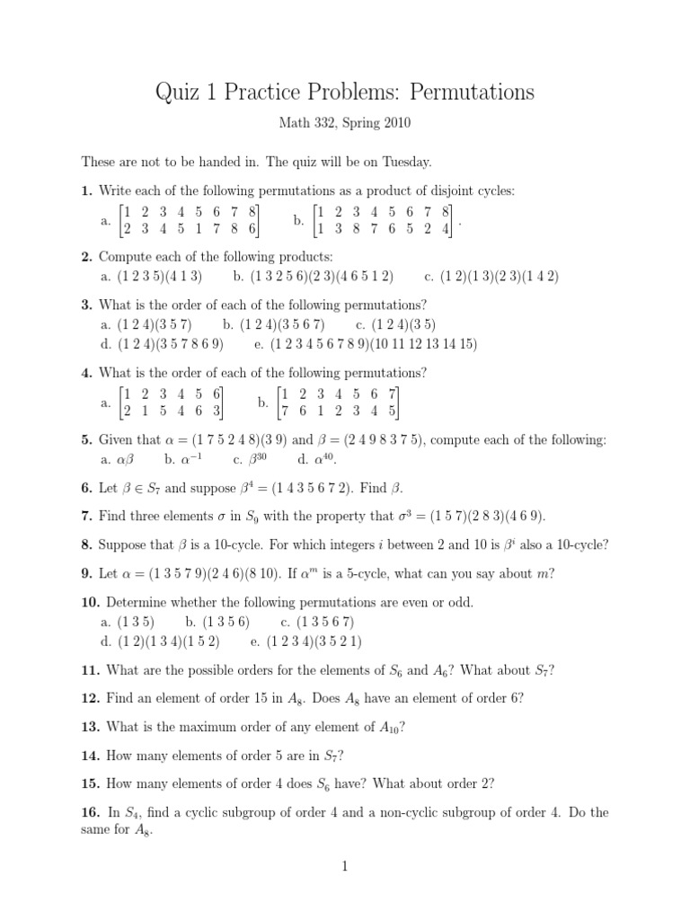 Quiz 1 Practice Problems: Permutations | PDF | Abstract Algebra ...